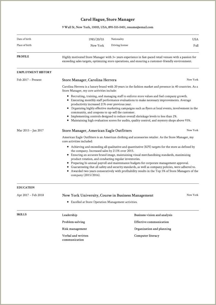 Assistant Store Manager Resume Format Resume Example Gallery