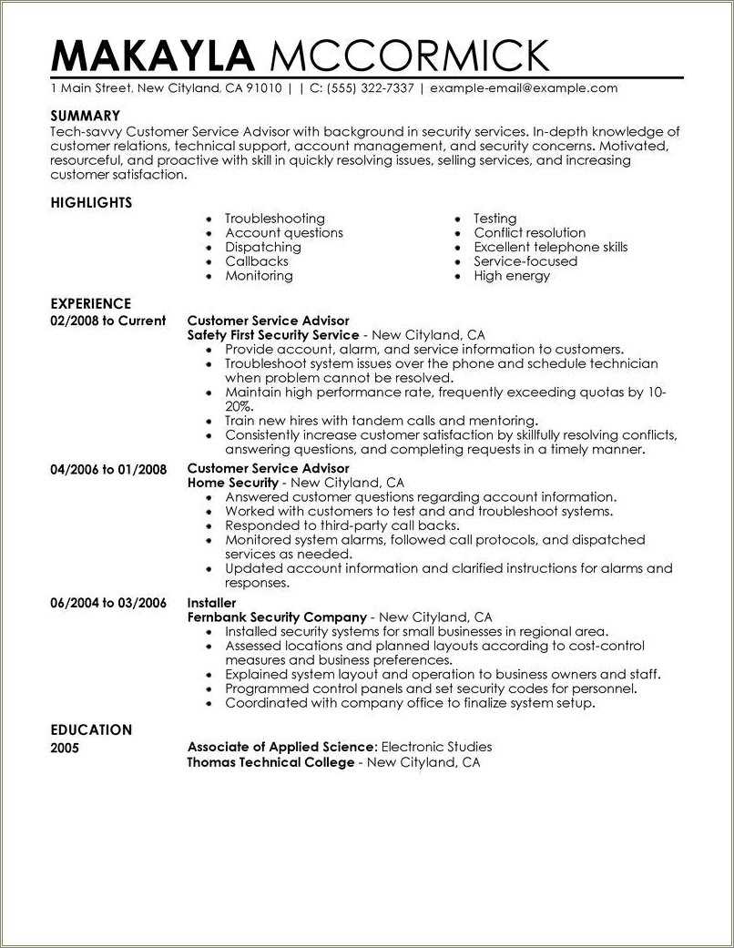Sample Resume For Service Writer Resume Example Gallery