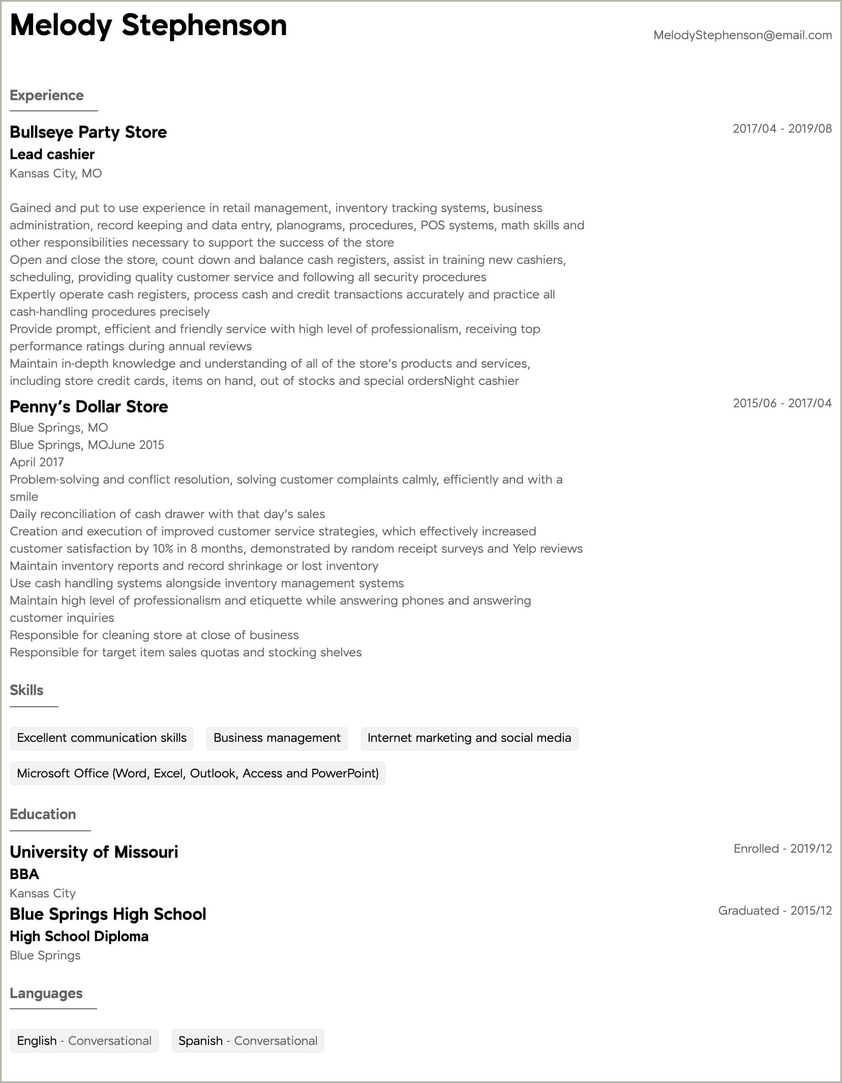 Cashier Summary For Resume Examples Resume Example Gallery