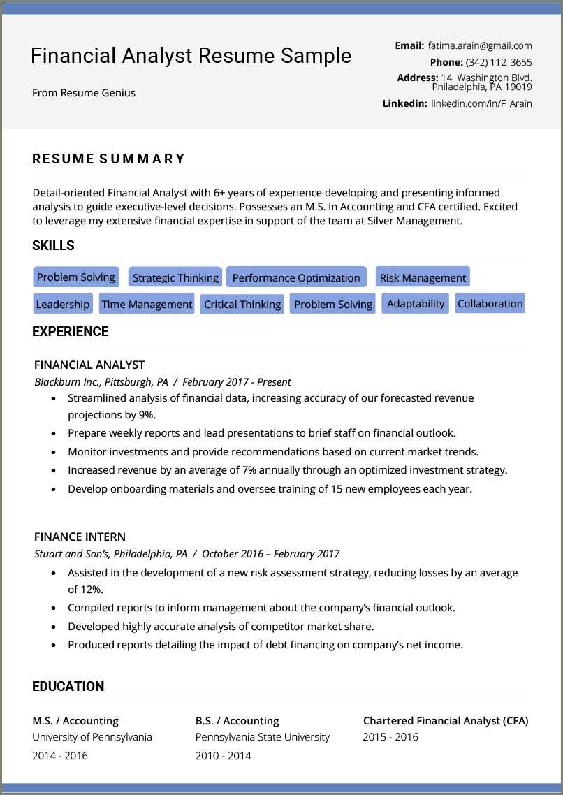 Example Of Resume For Finance Students Resume Example Gallery