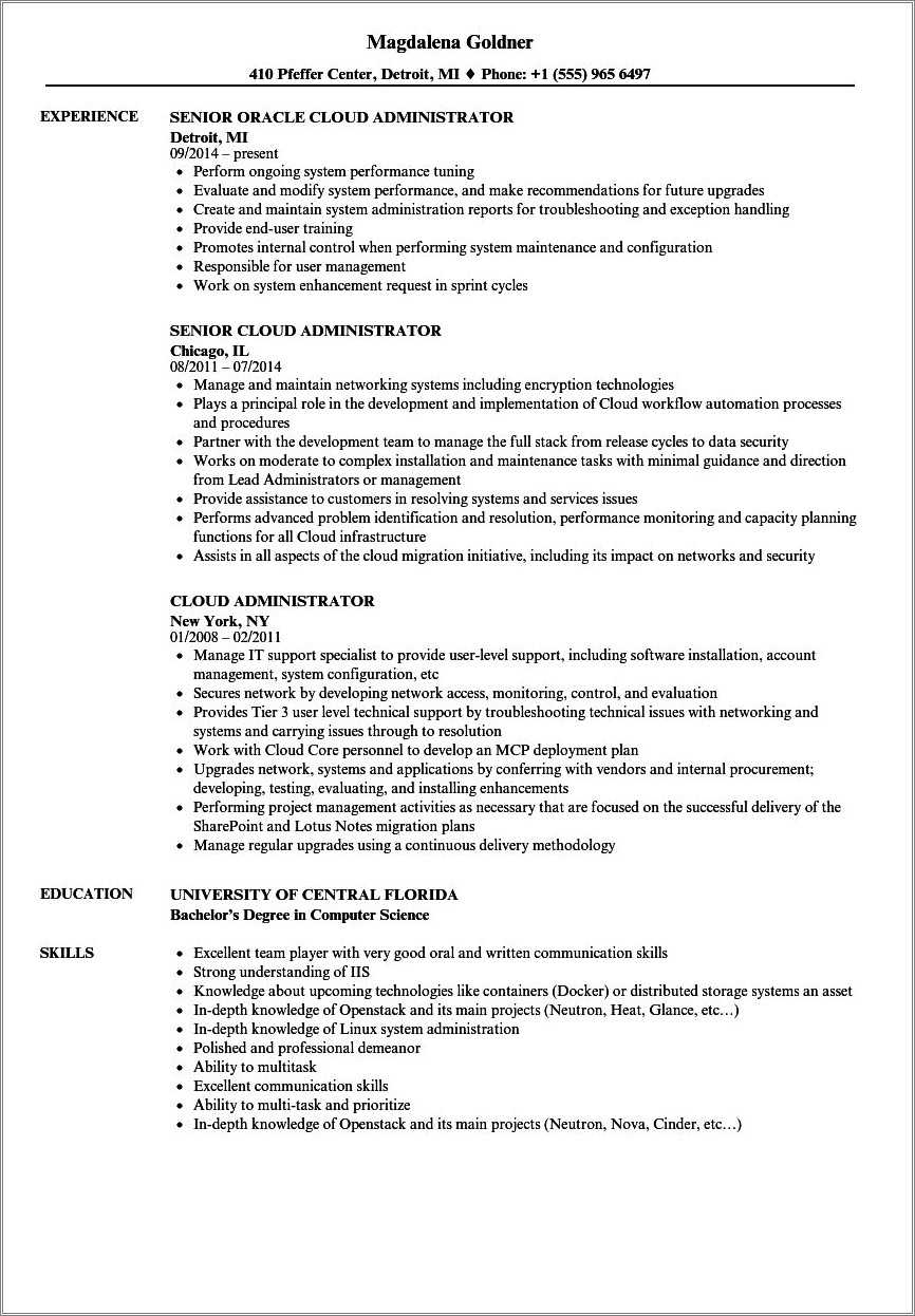 Resume Sample For Cloud Administrator - Resume Example Gallery
