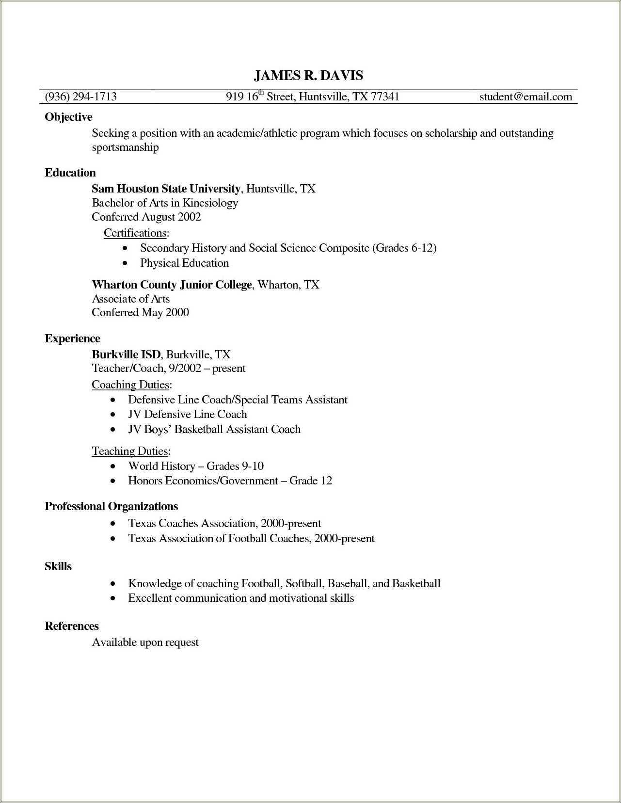 College Football Coaching Resume Samples Resume Example Gallery