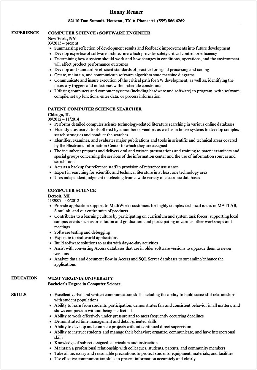 Computer Science Engineer Resume Sample Resume Example Gallery