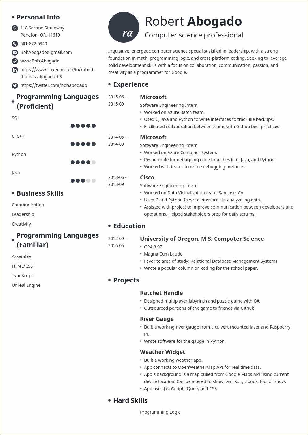 Computer Science Student Resume With Experience Resume Example Gallery