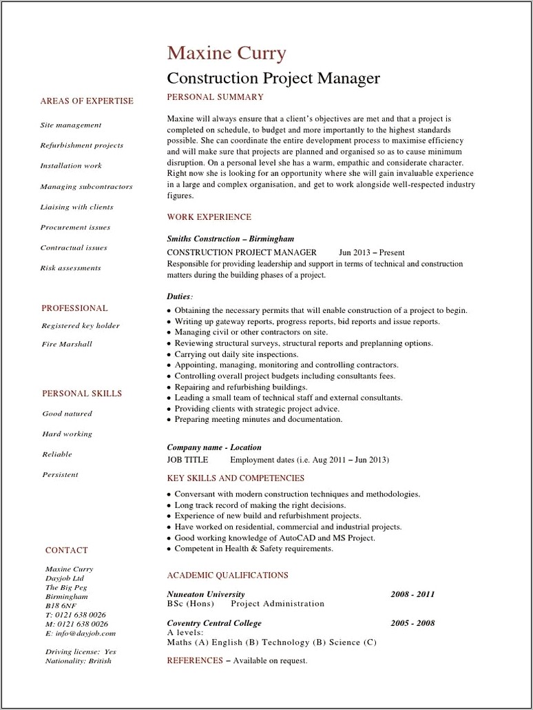 Construction Project Manager Duties Resume Resume Example Gallery
