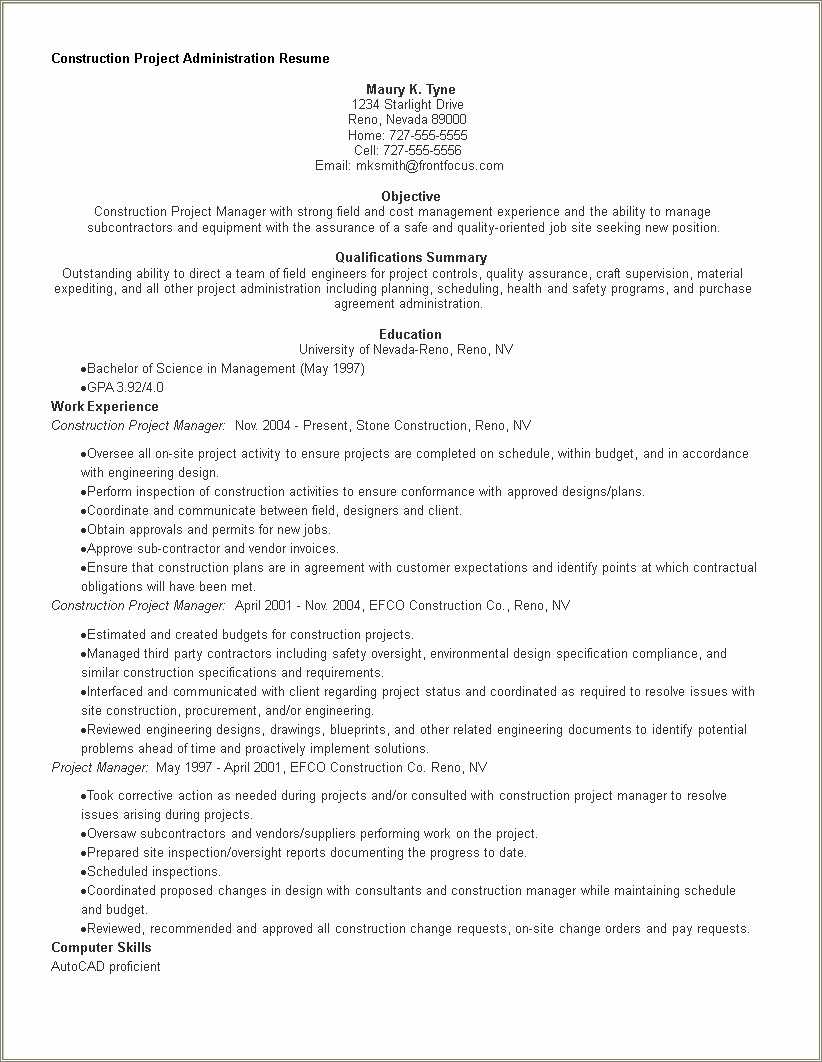 Construction Project Manager Role Resume Resume Example Gallery