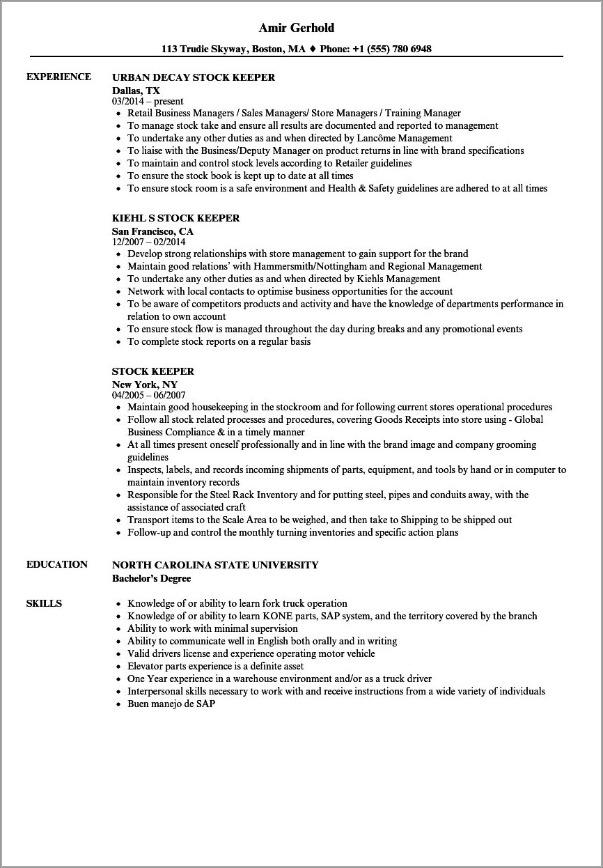 Construction Store Keeper Resume Sample Word Download Resume Example 