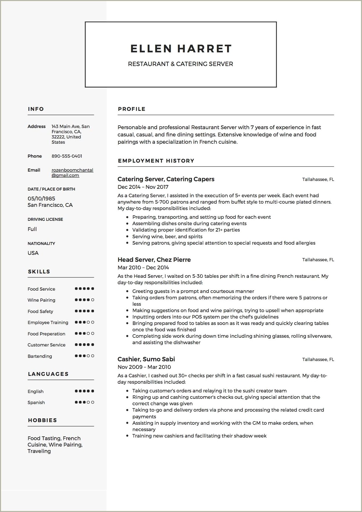 Downloadable Resume Templates For Resteraunt Servers Resume Example 