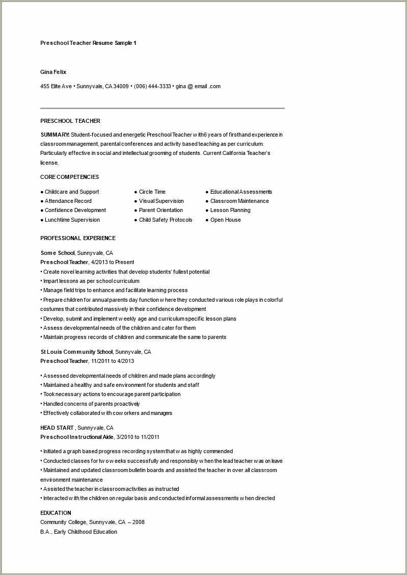 Early Childhood Education Teacher Description For A Resume Resume