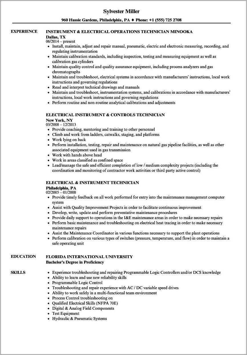Electrical And Instrumentation Engineer Resume Sample - Resume Example ...