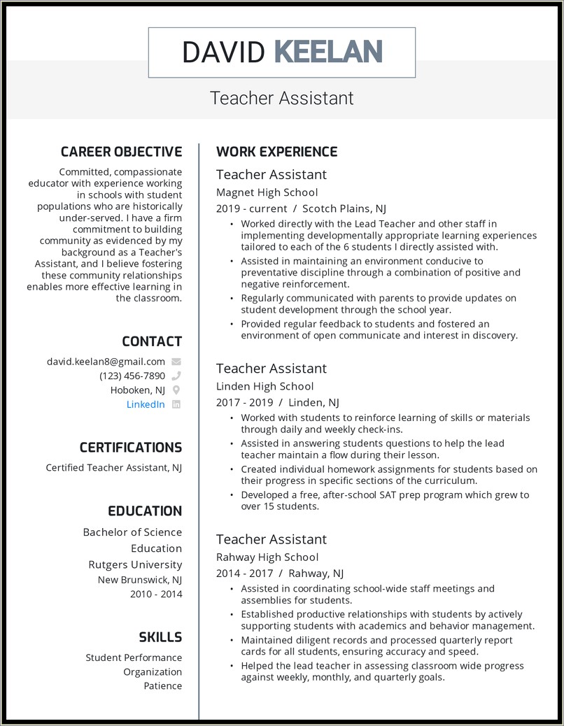 Elementary School Teacher Job Description For Resume Resume Example