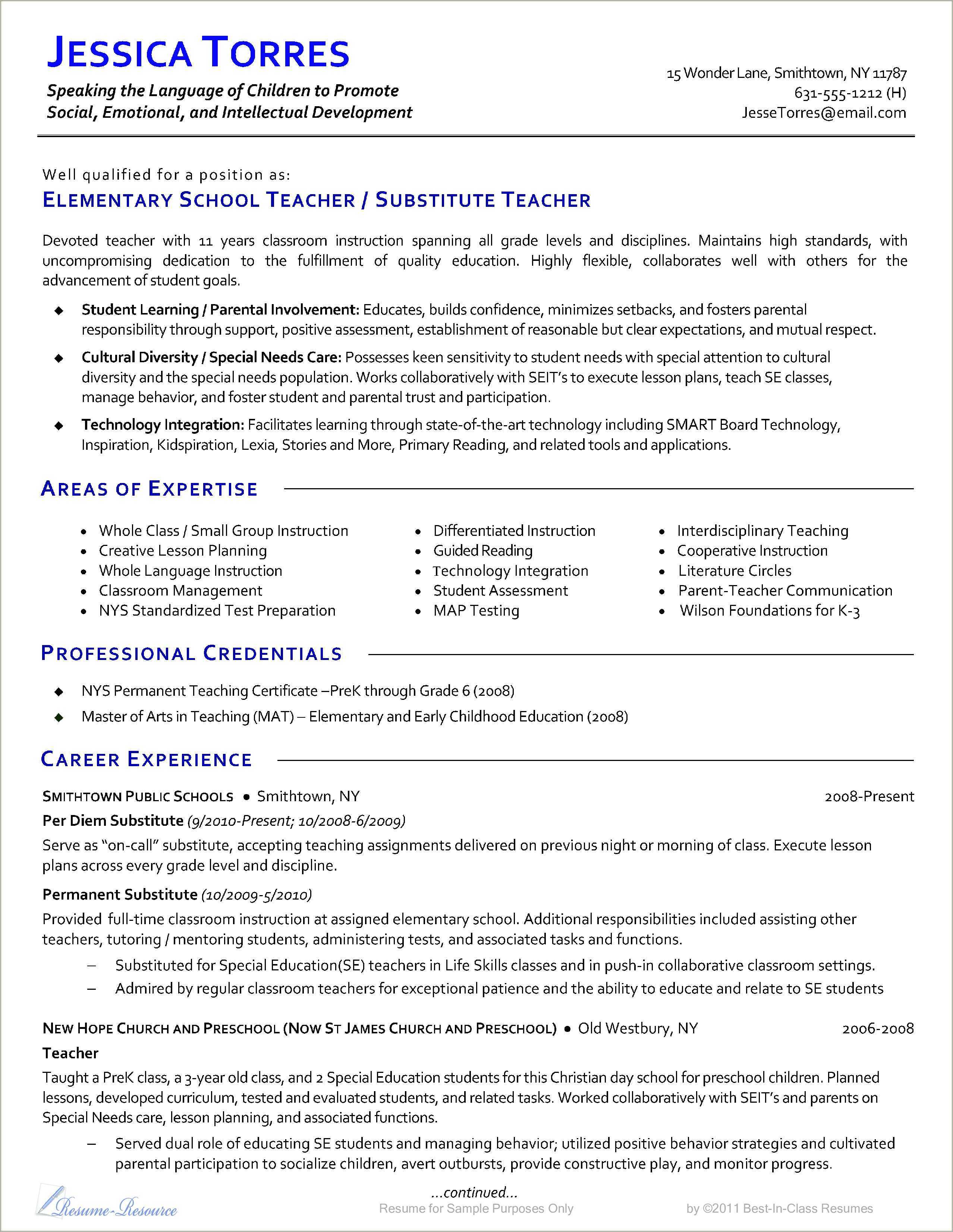 Best Elementary Teacher Resume Example - Resume Example Gallery