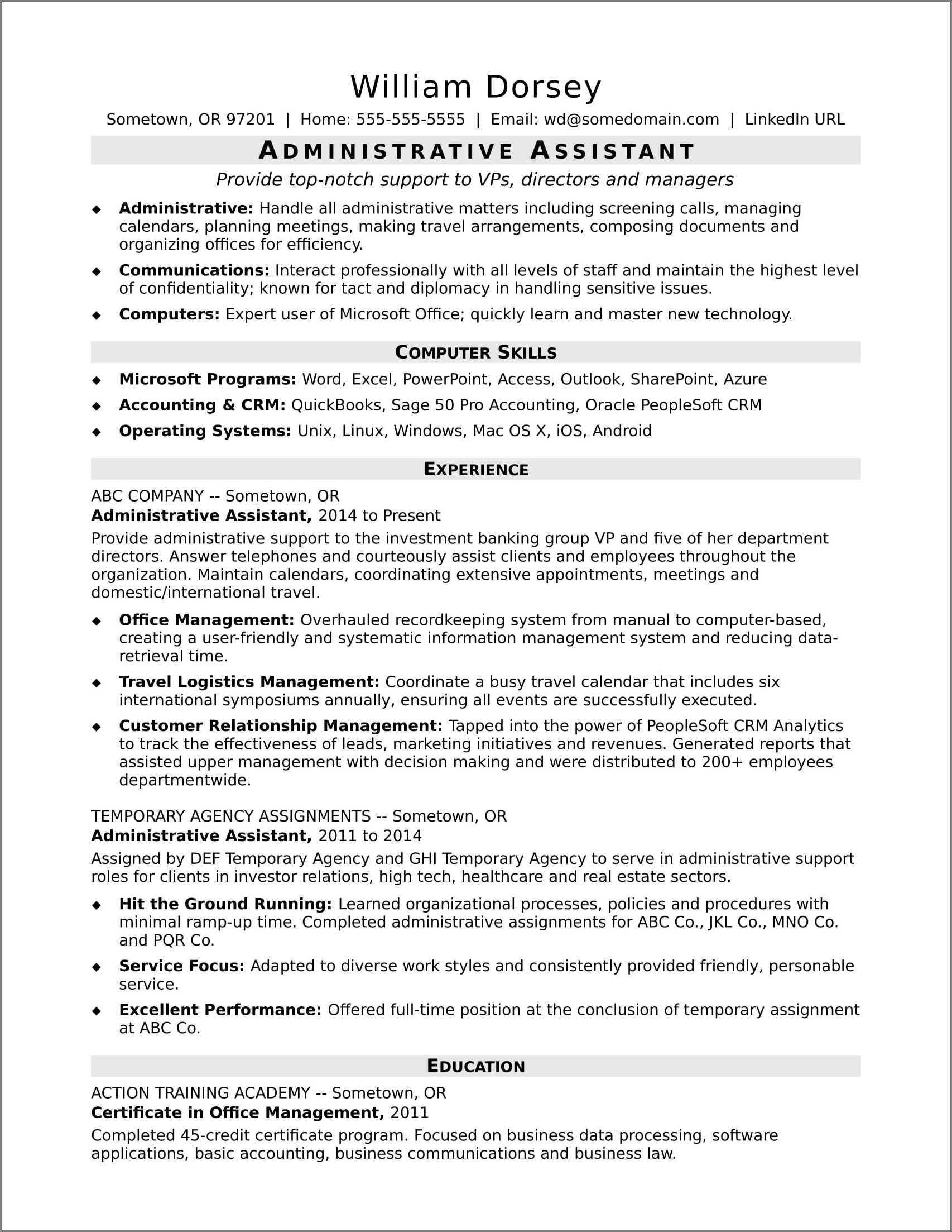 Entry Level Administrative Assistant Resume Sample 2014 Resume