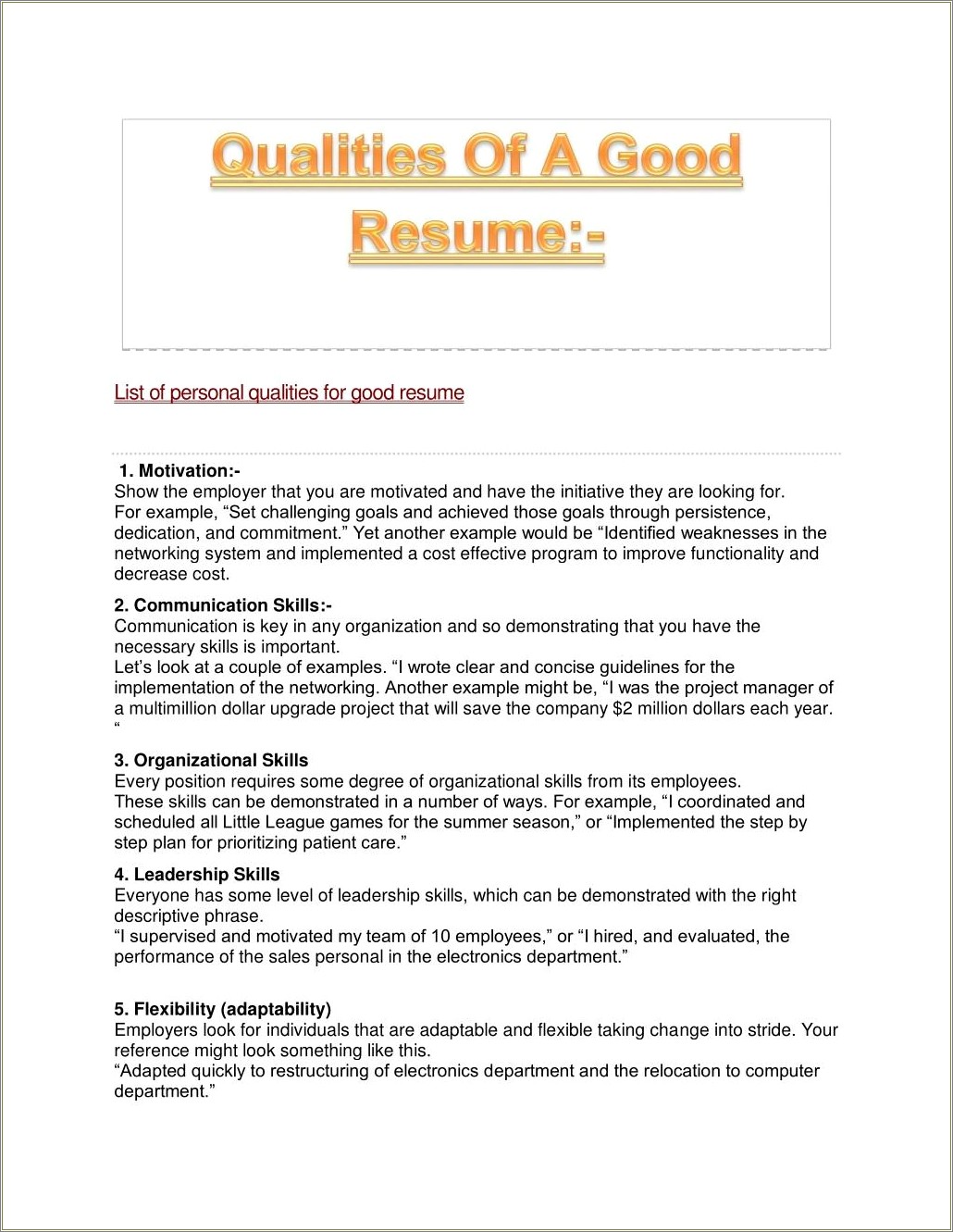Example Of Personal Traits In Resume Resume Example Gallery