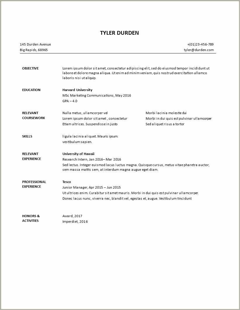 Examples Of A Resume For An Internship Resume Example Gallery
