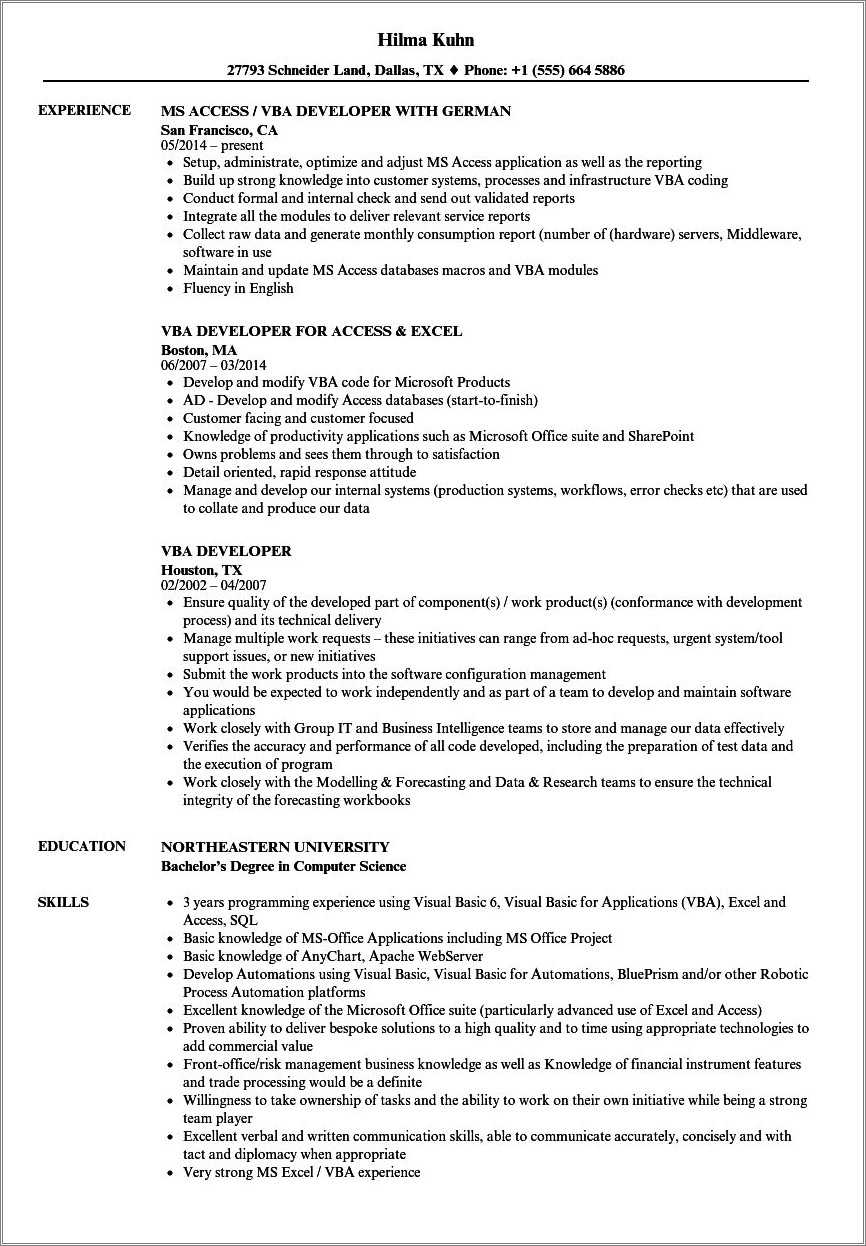 Excel And Vba Skills To List On Resume Resume Example Gallery