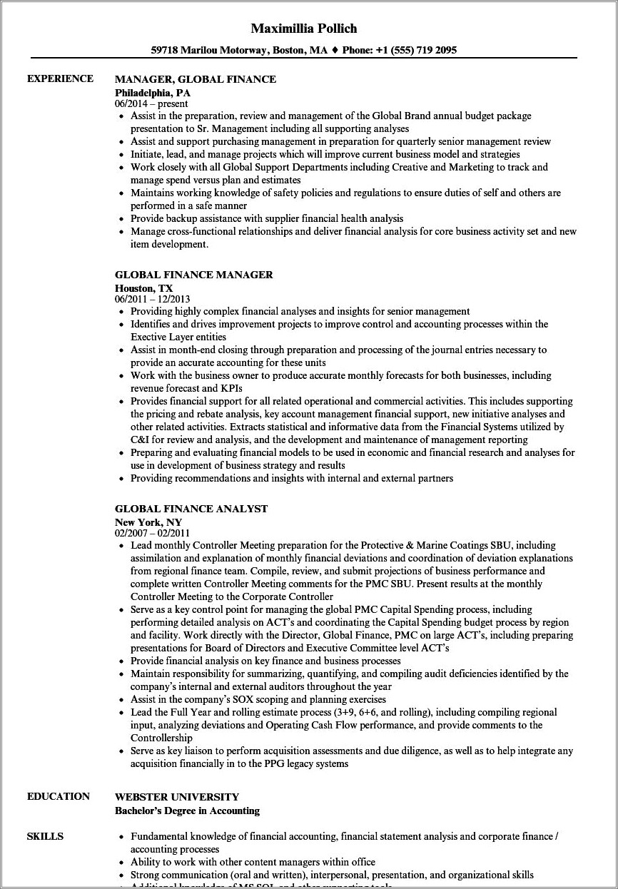 Finance Major Finance Resume Sample Resume Example Gallery