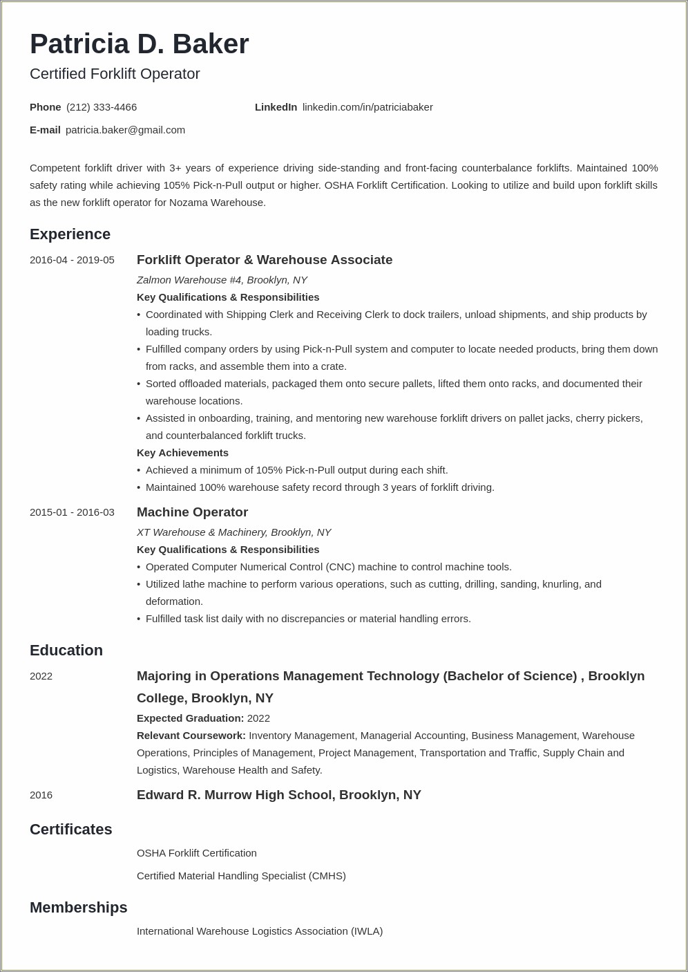 Resume Objective Examples For Forklift Resume Example Gallery