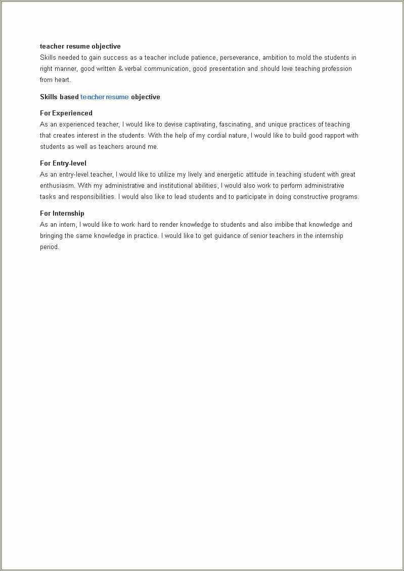 Fresher Teacher Resume Objective Statement Resume Example Gallery