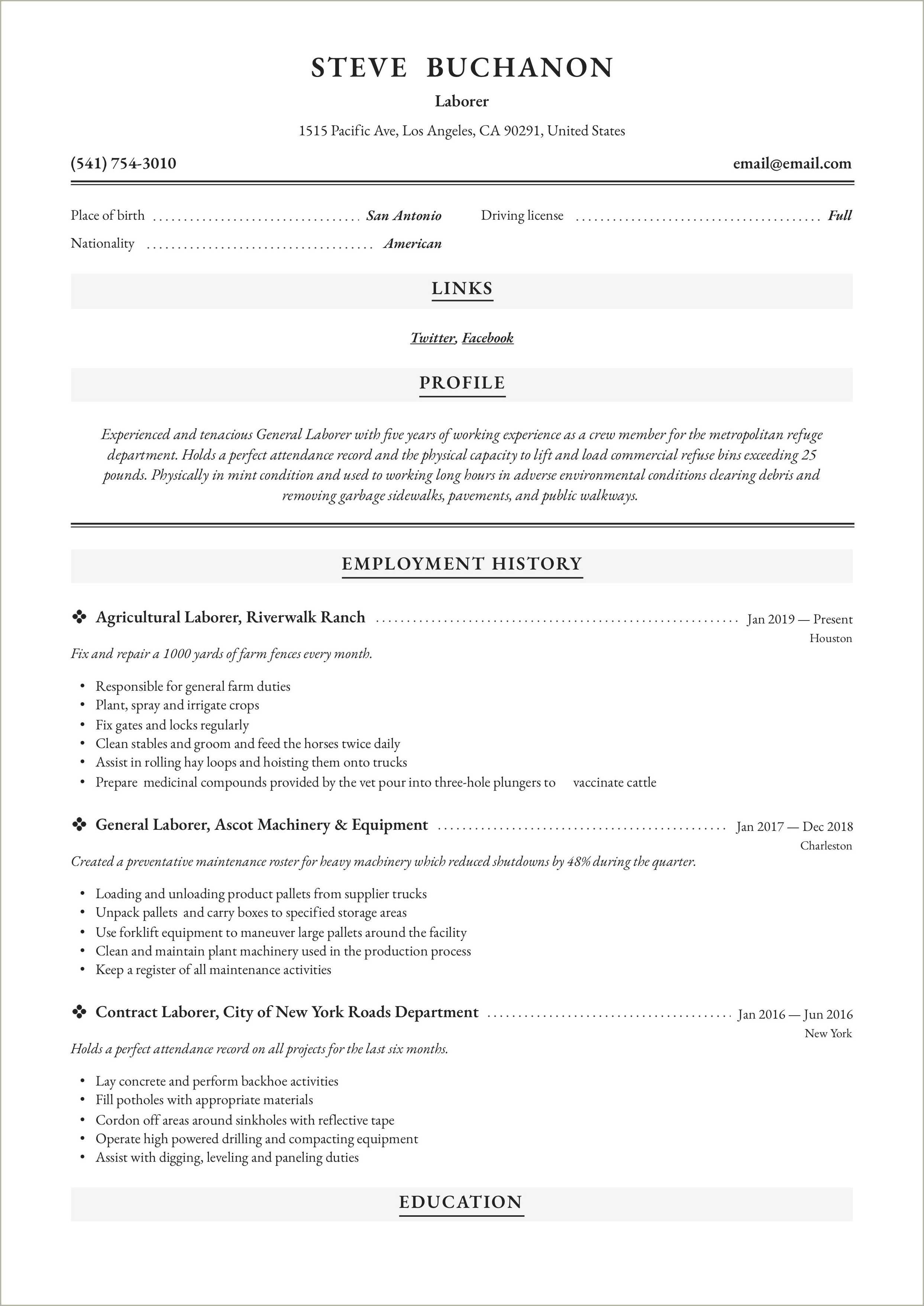 General Labor Resume Objectives Examples Resume Example Gallery