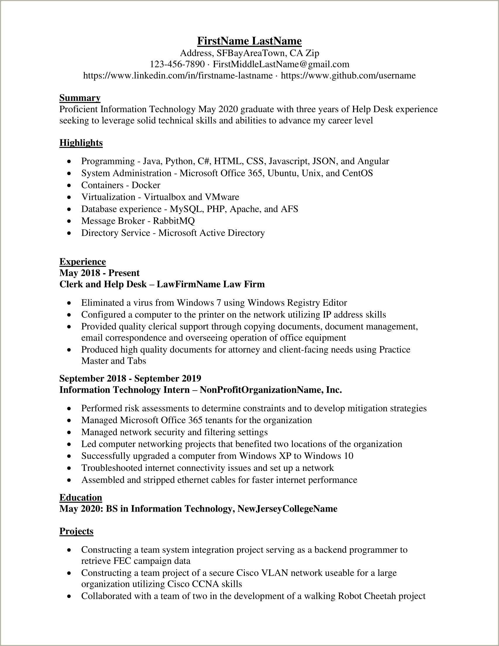 It Help Desk Technician Resume Example Resume Example Gallery