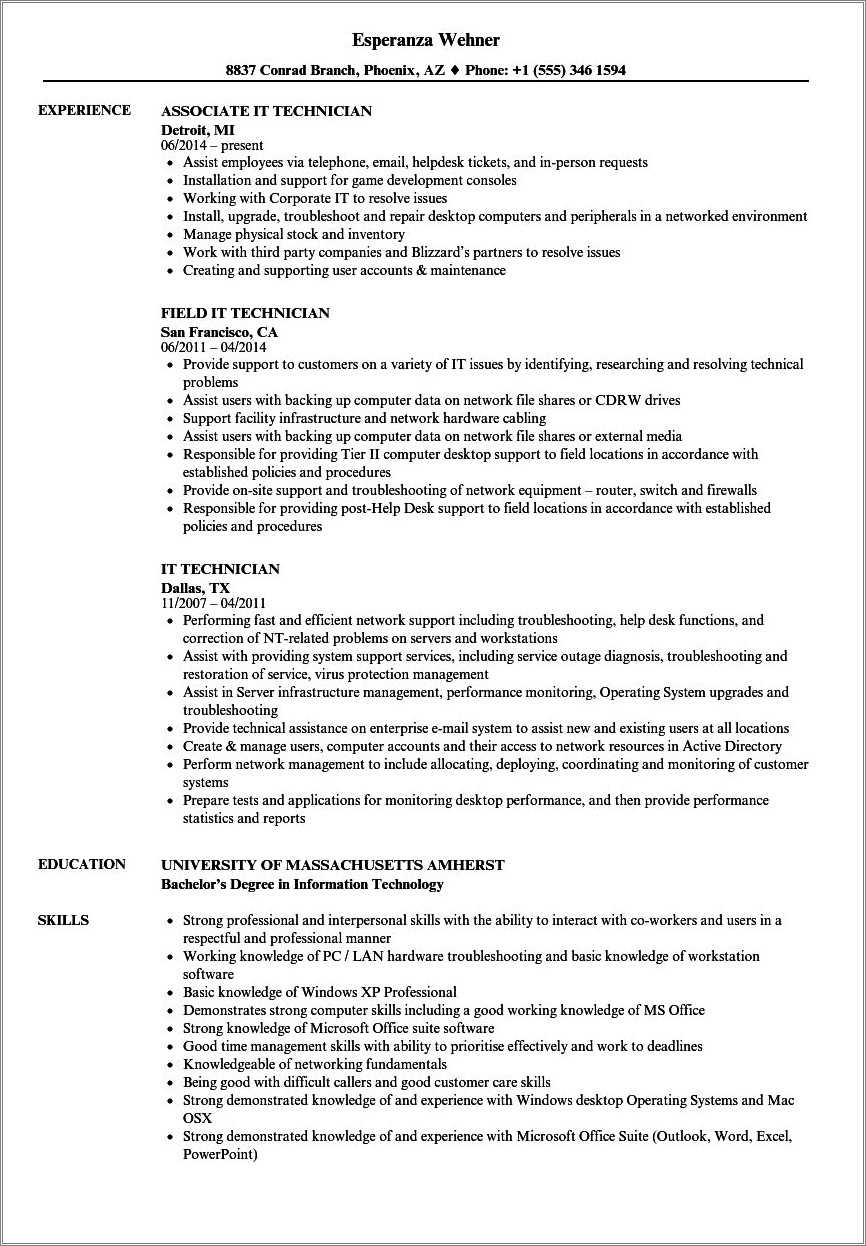 Help Desk Technician Skills Resume