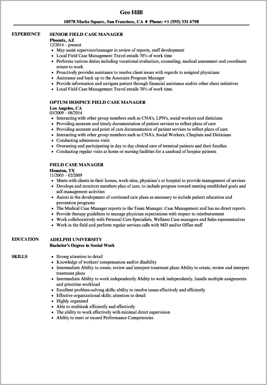 Hospice Case Manager Summary Resume Resume Example Gallery