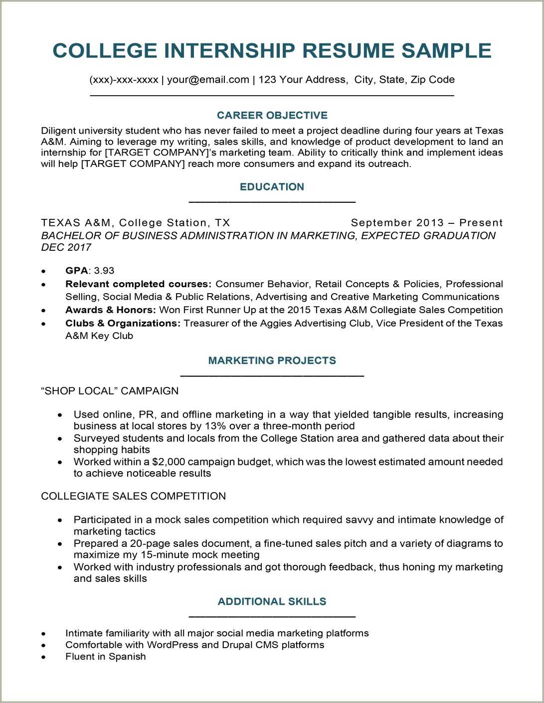 Internship Resume Objective Statement Examples Resume Example Gallery