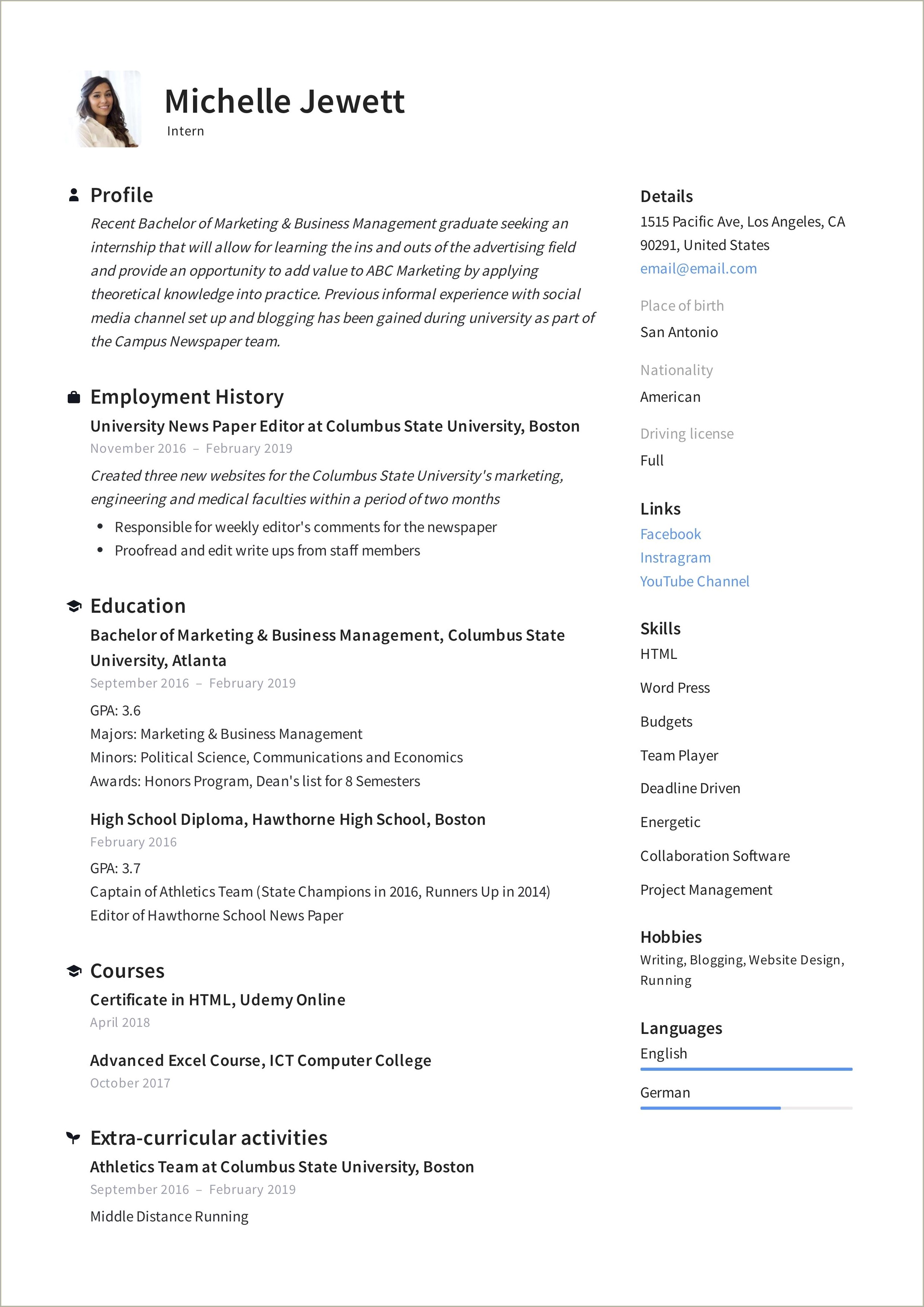 Internship Resume Sample High School Resume Example Gallery