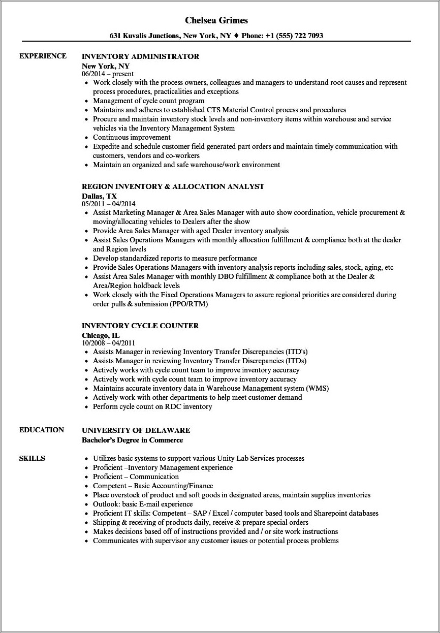 Inventory Manager Resume
