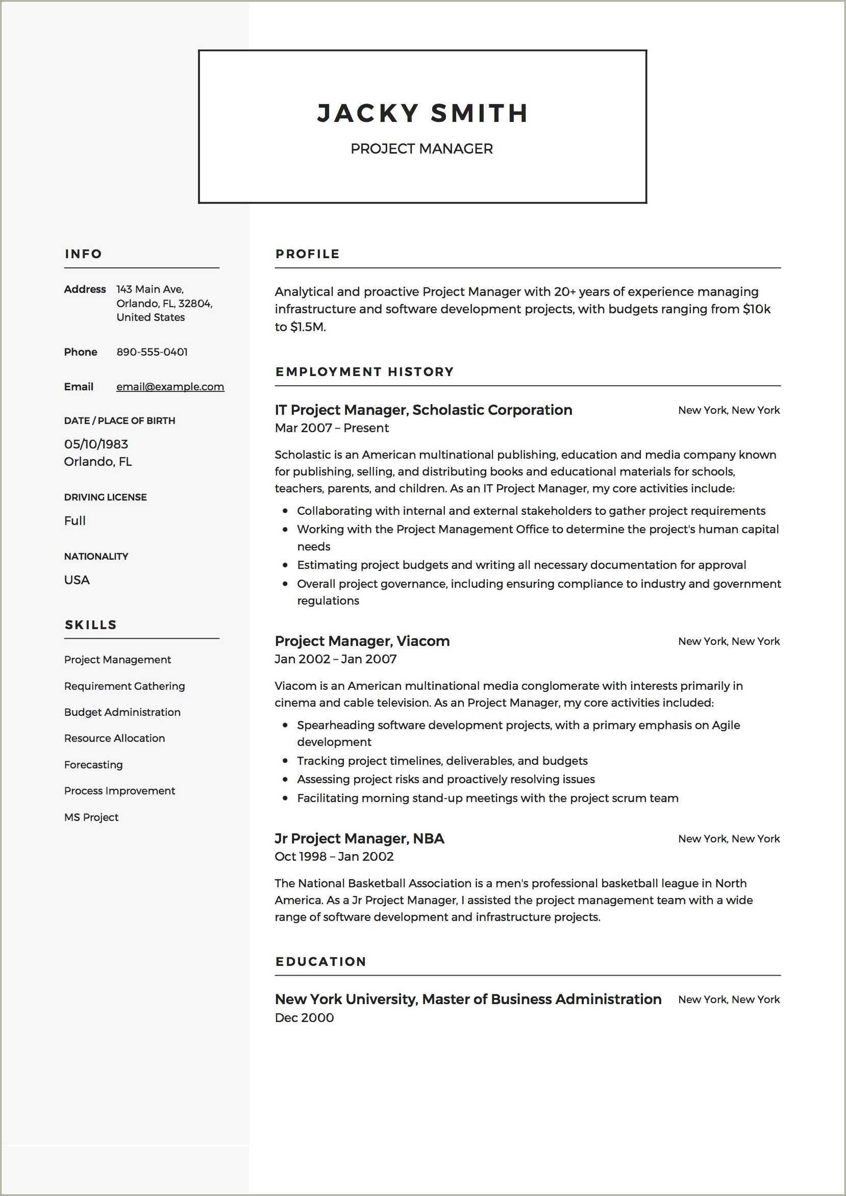 It Program Manager Resume Description Resume Example Gallery