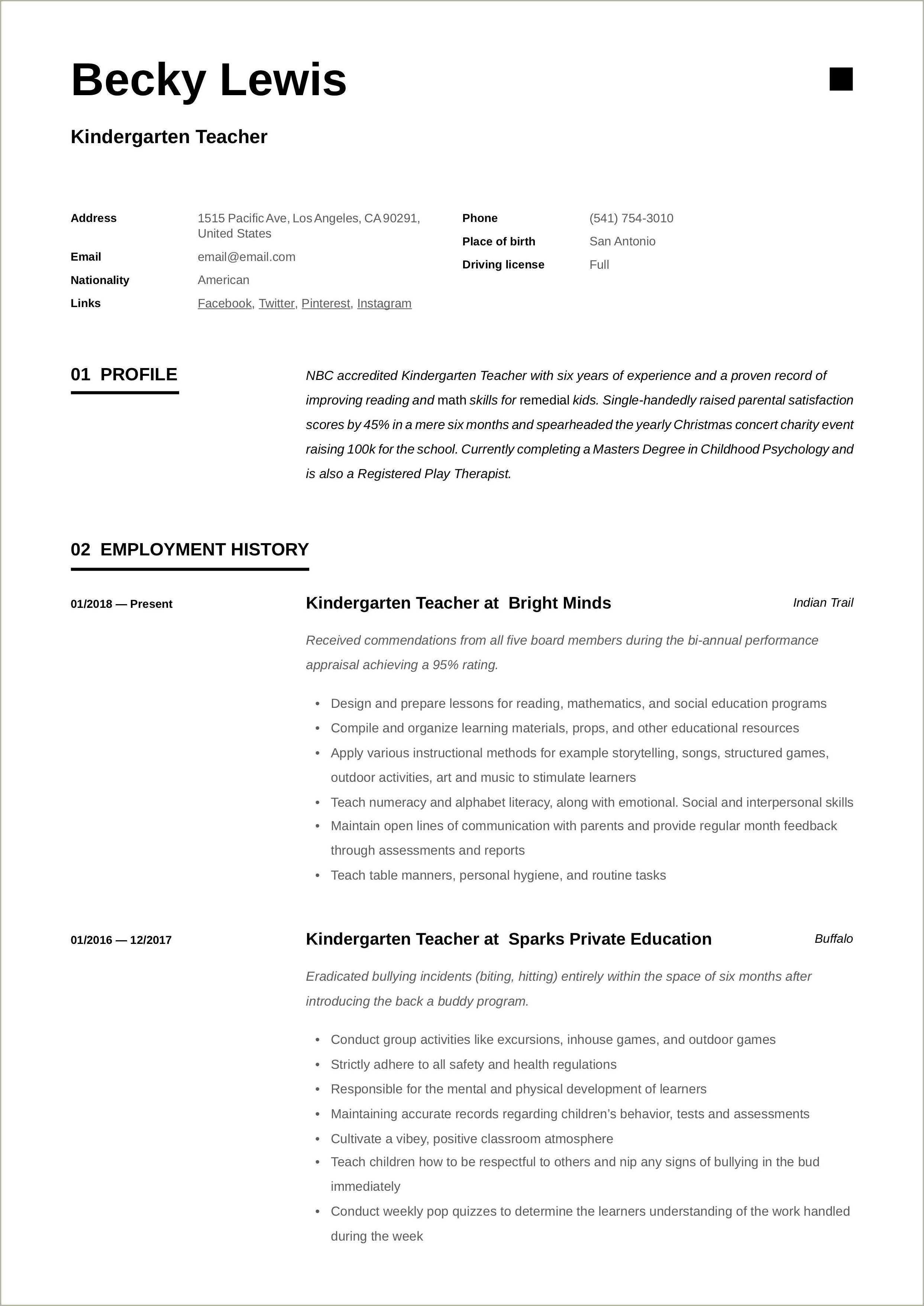 Kindergarten Teacher Job Description Resume Sample Resume Example Gallery