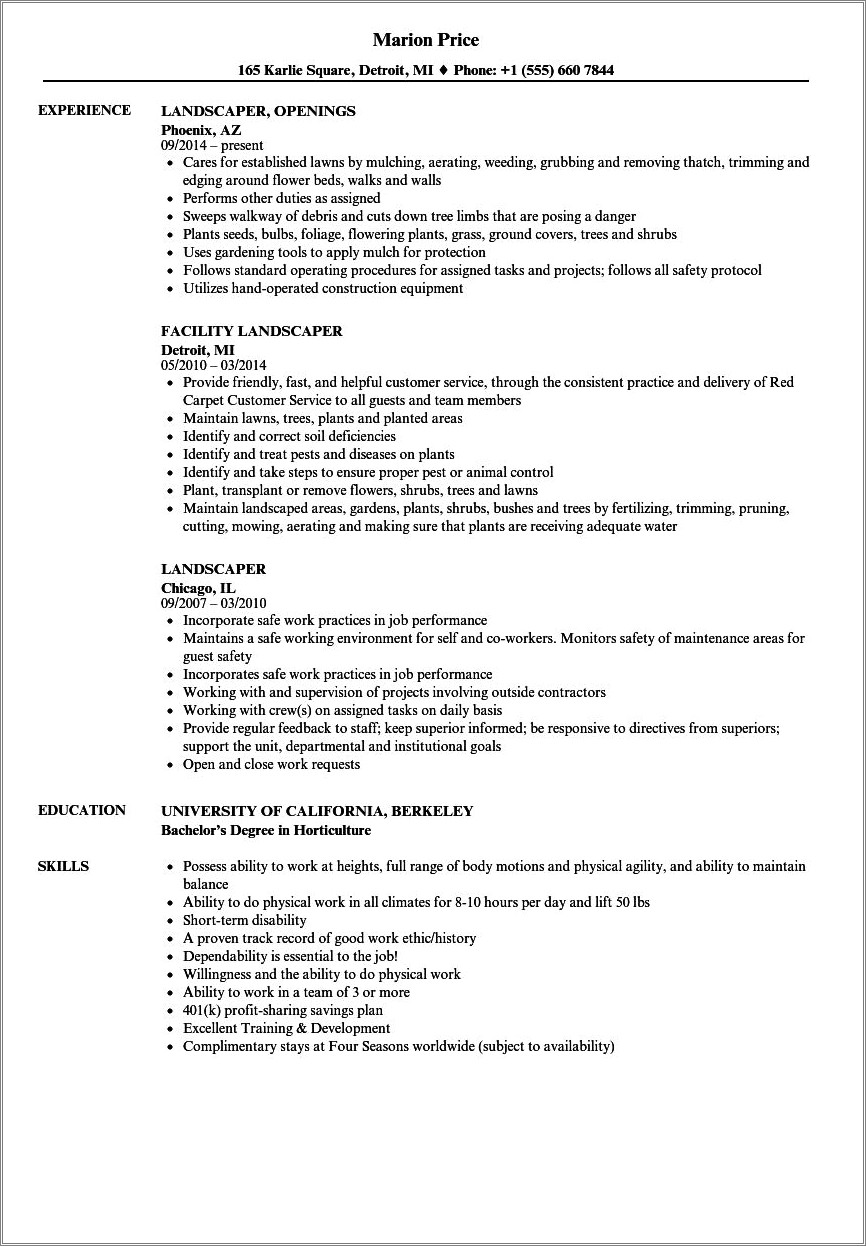 Lawn Care Resume Summaries Examples Resume Example Gallery