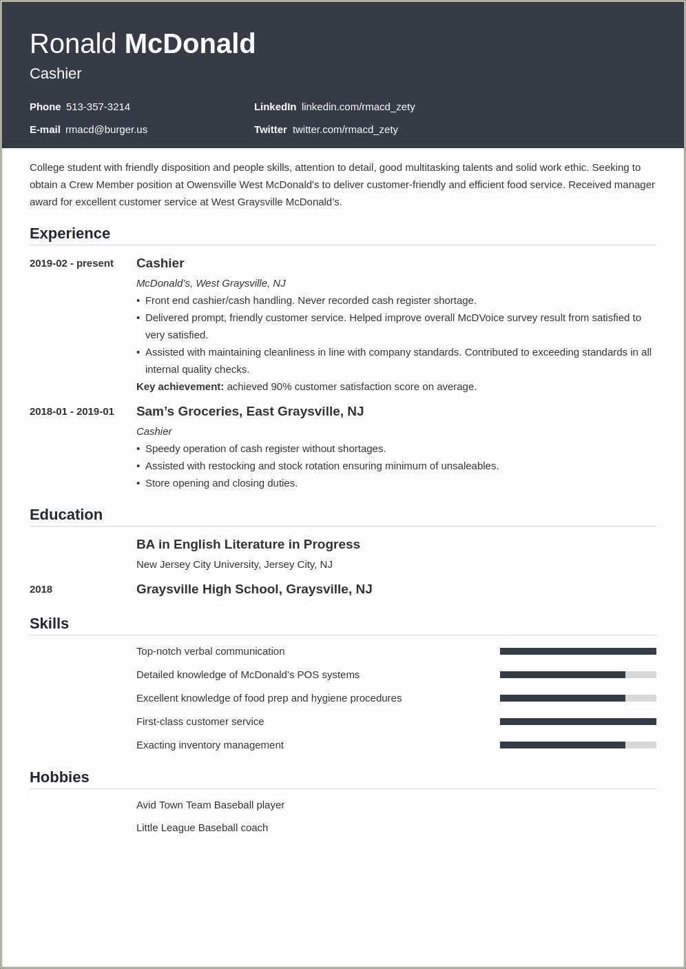 Mcdonald s Shift Manager Job Description For Resume Resume Example