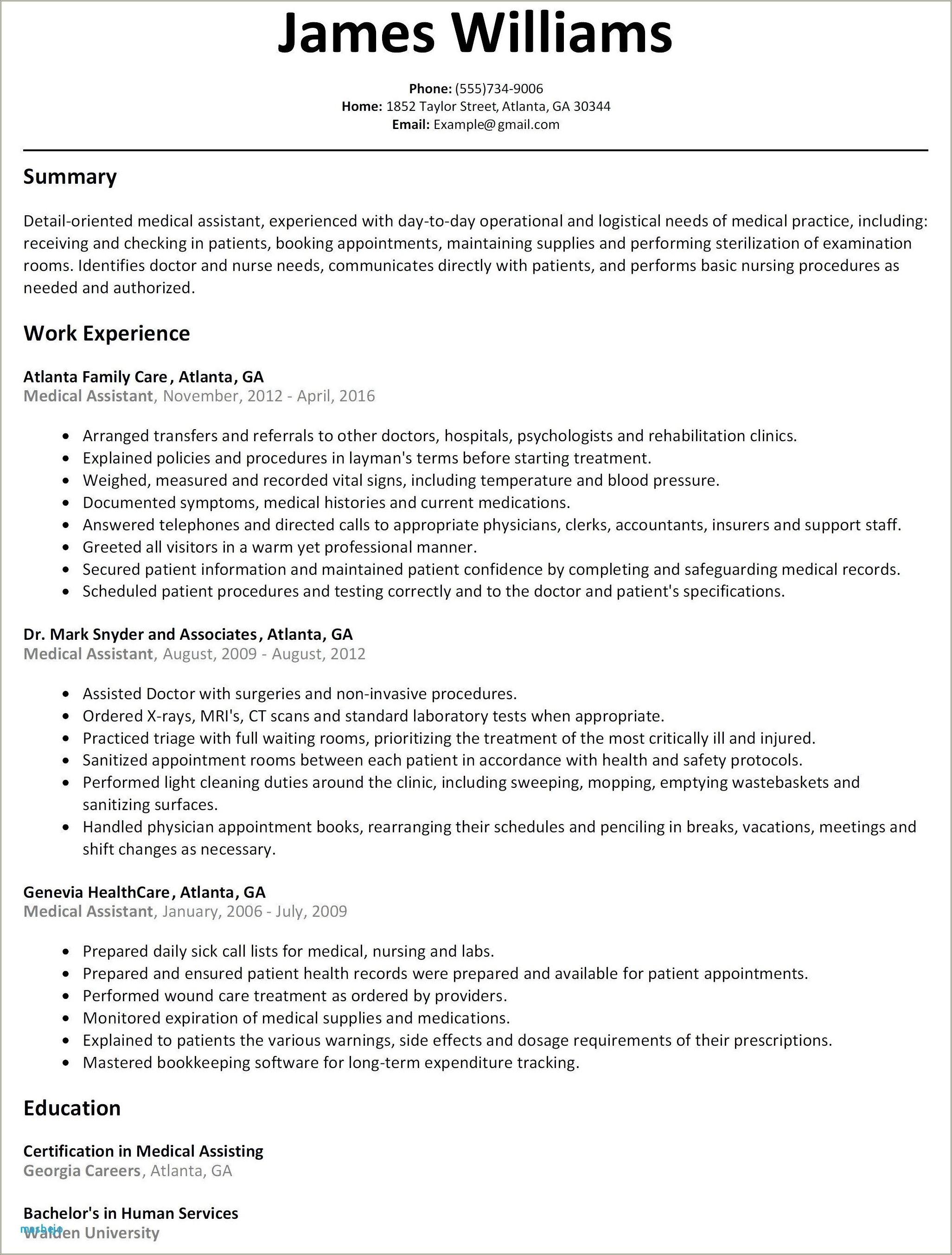 Medical Assistant Resume Summary Headline Example Resume Example Gallery