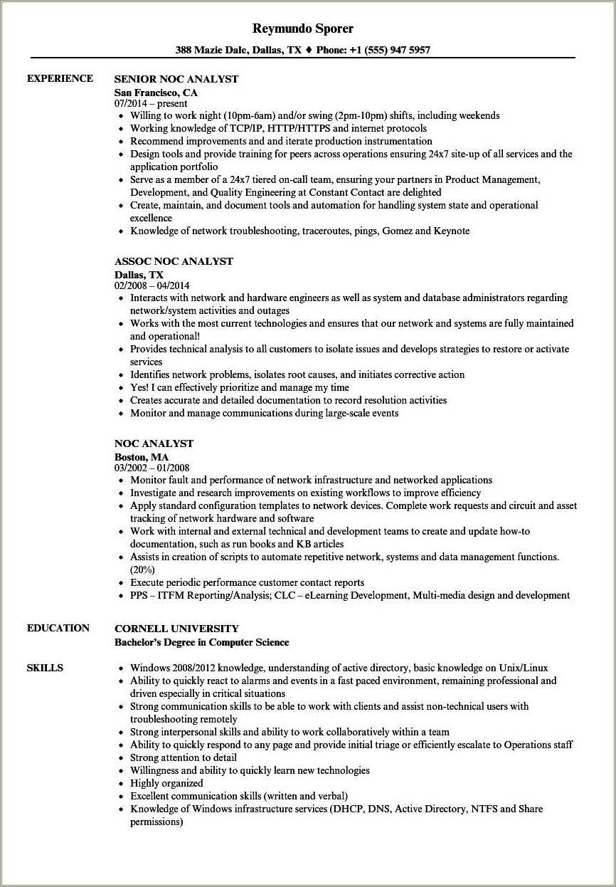 Noc Engineer Resume Job Hero - Resume Example Gallery