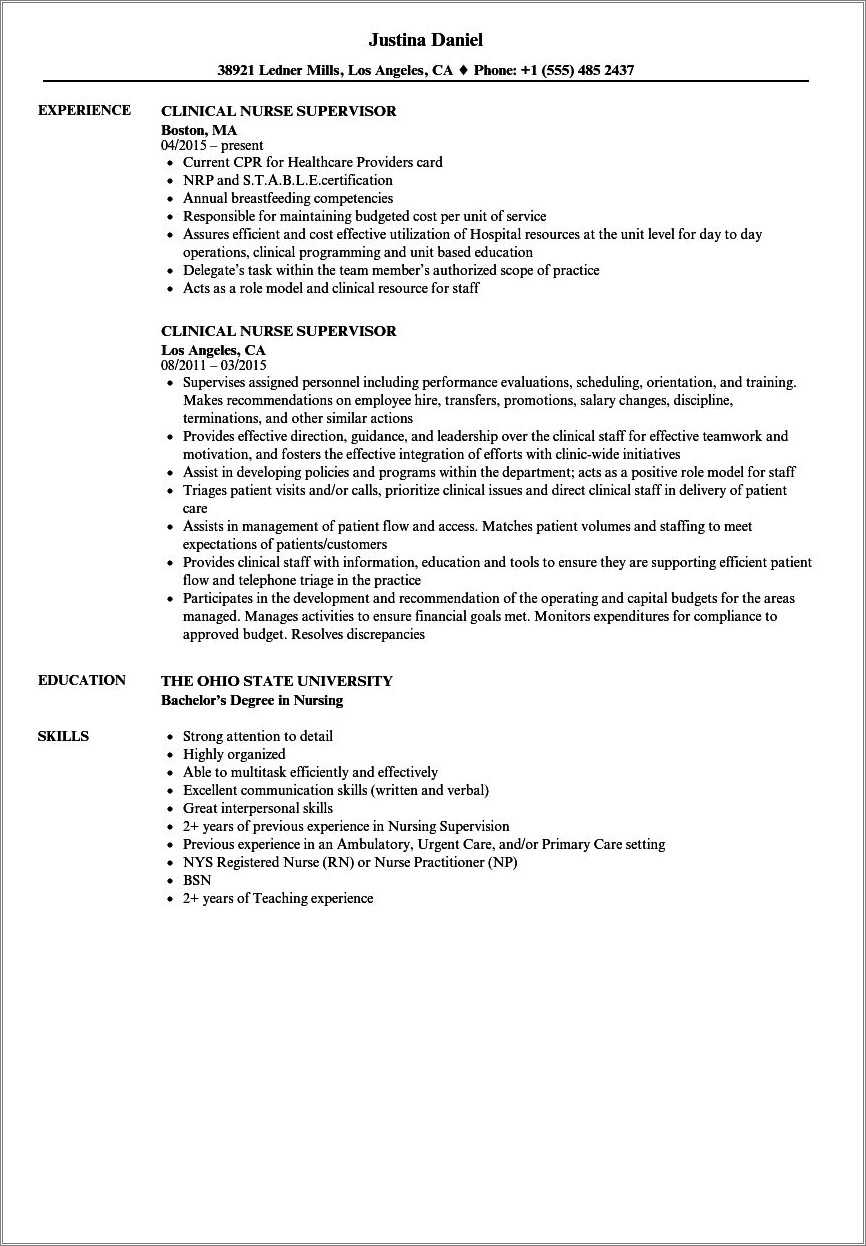  Nursing Supervisor Resume Objective Samples Resume Example Gallery