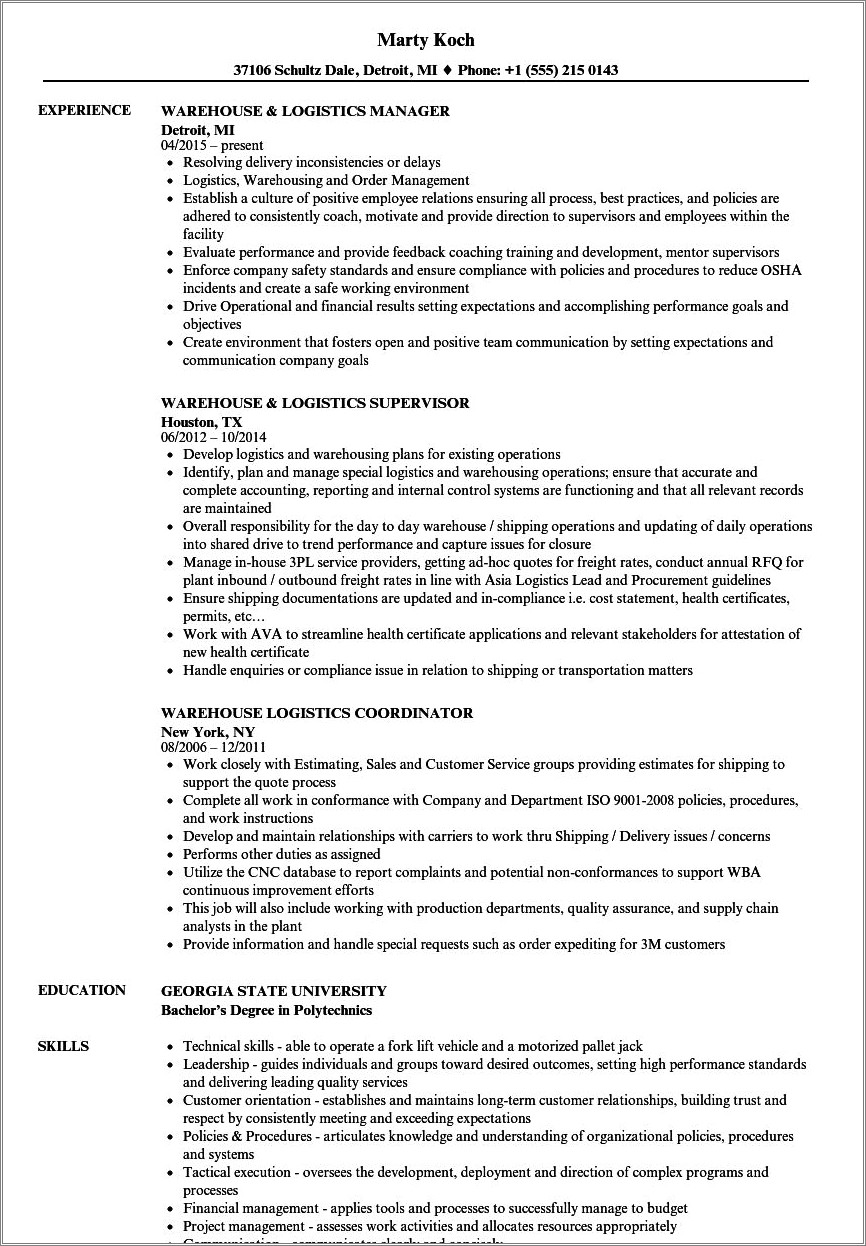 Logistics Operations Manager Job Description Resume Resume Example 