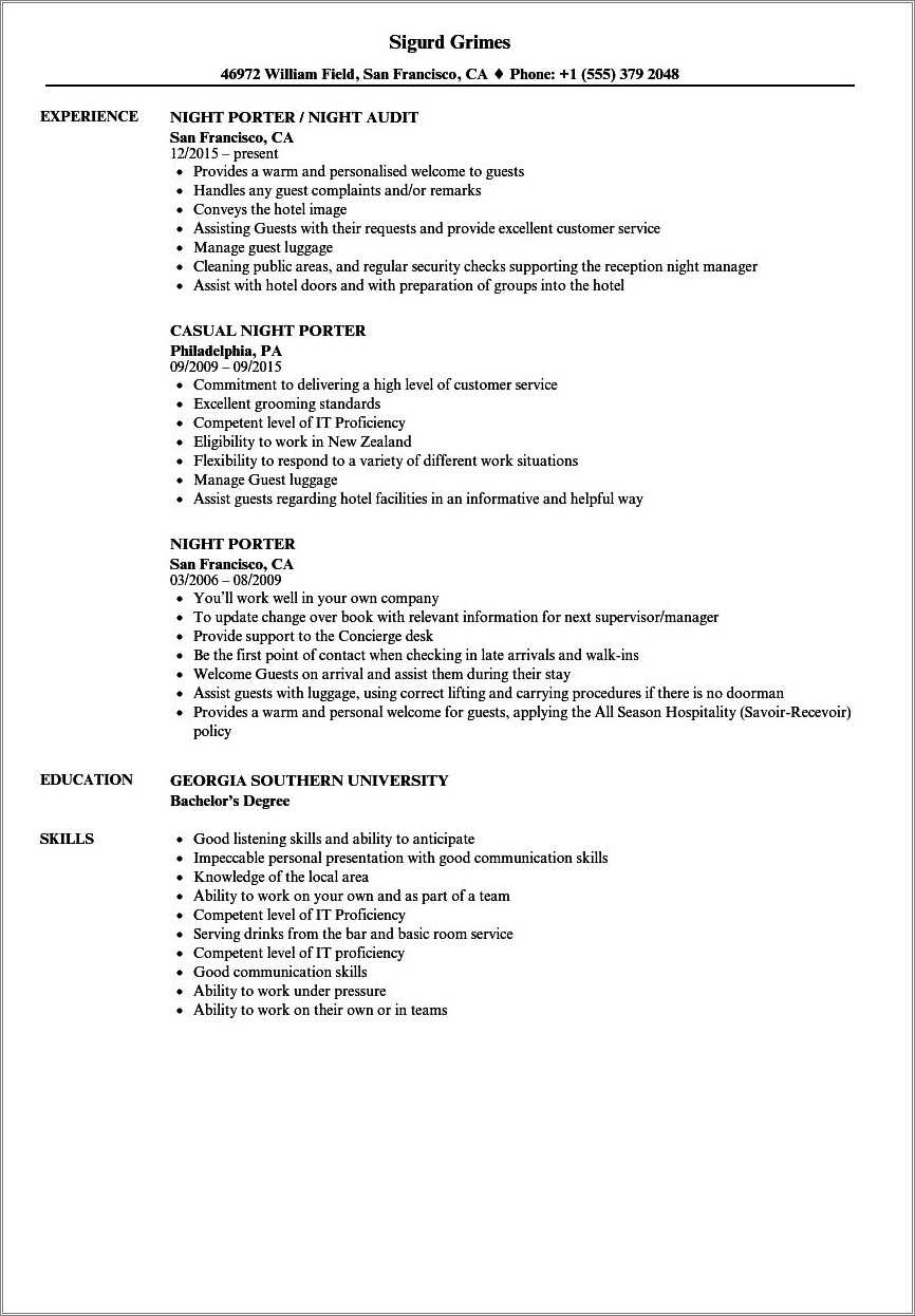 Porter Job Description Resume Sample Resume Example Gallery