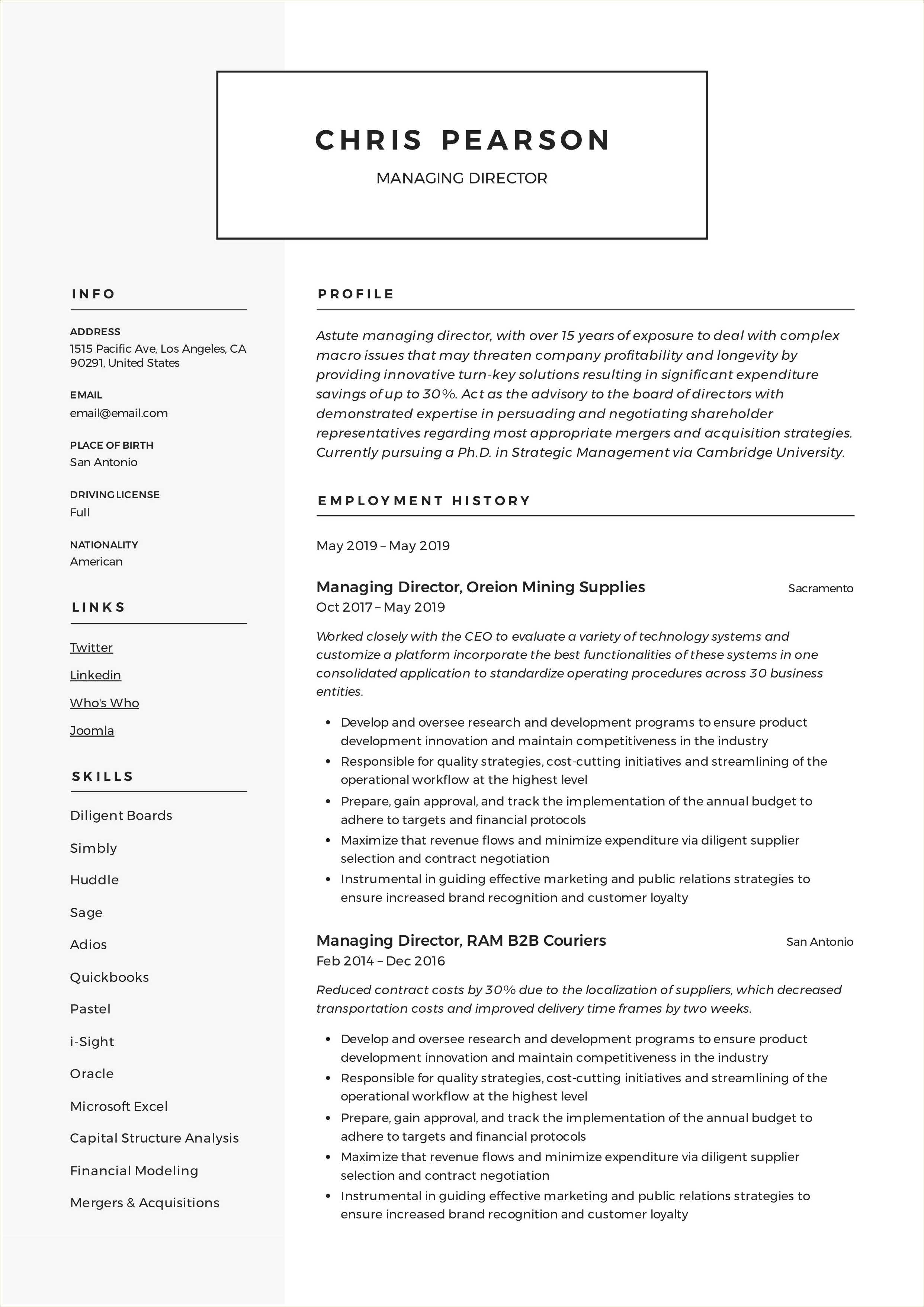 Managing Director Resume Sample Doc