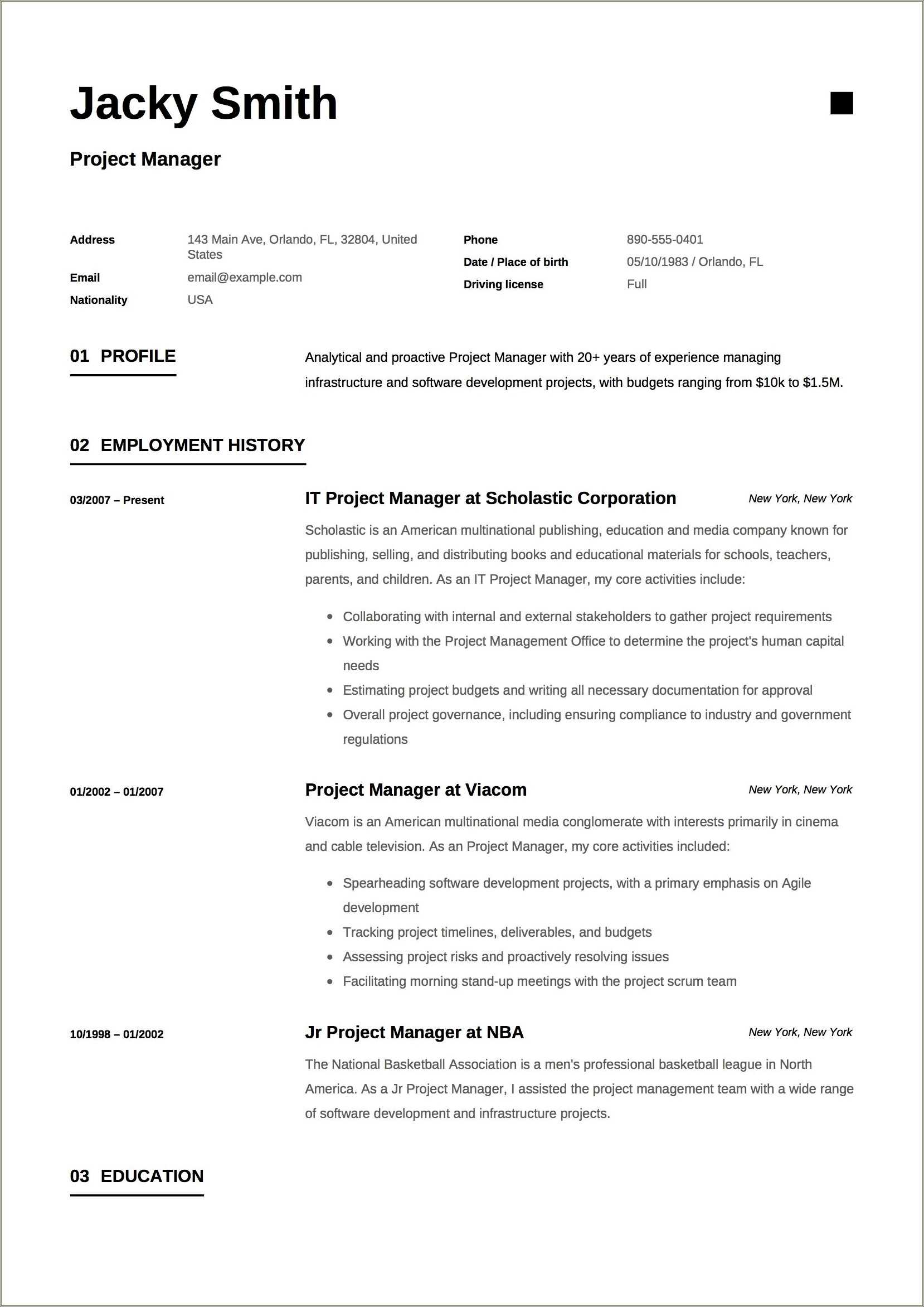 Project Manager Sample Resume Format Resume Example Gallery