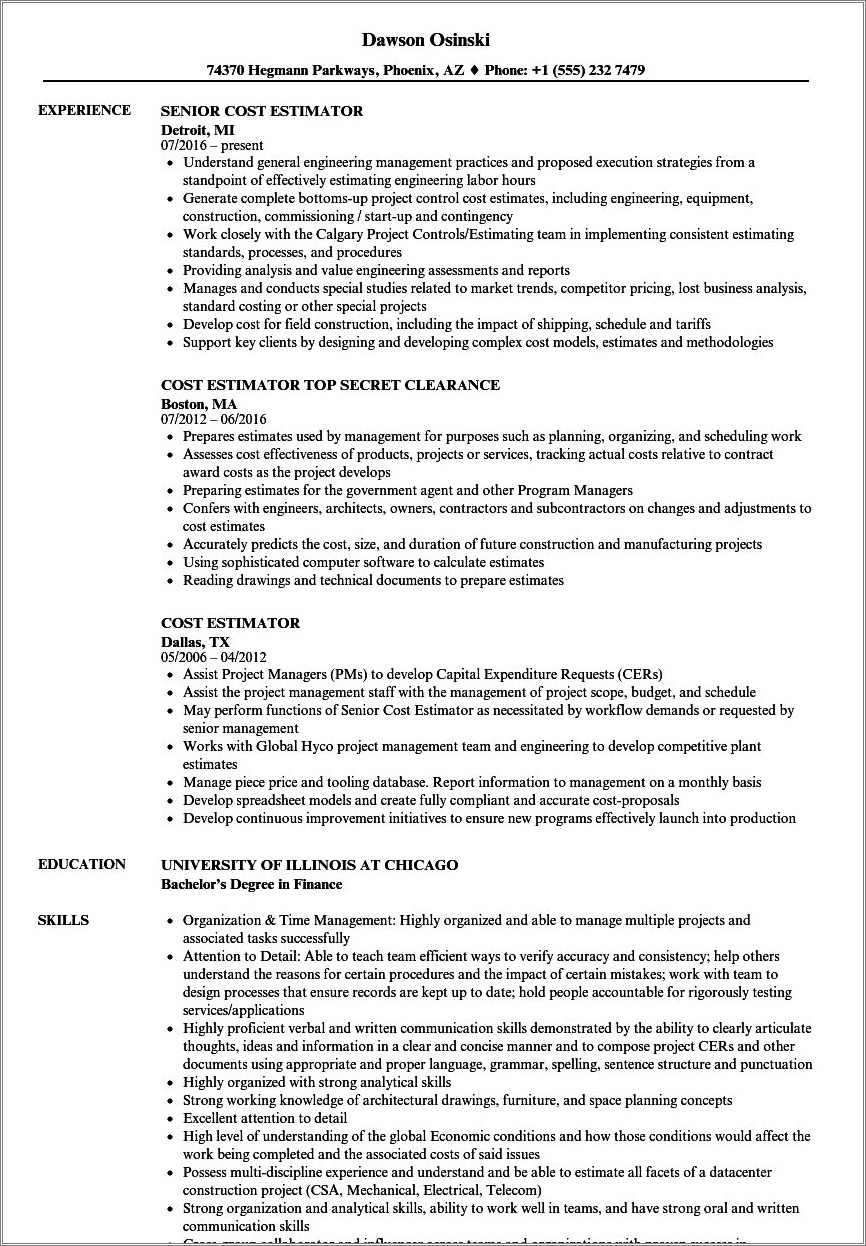 Residential Construction Estimator Resume Sample Resume Example Gallery