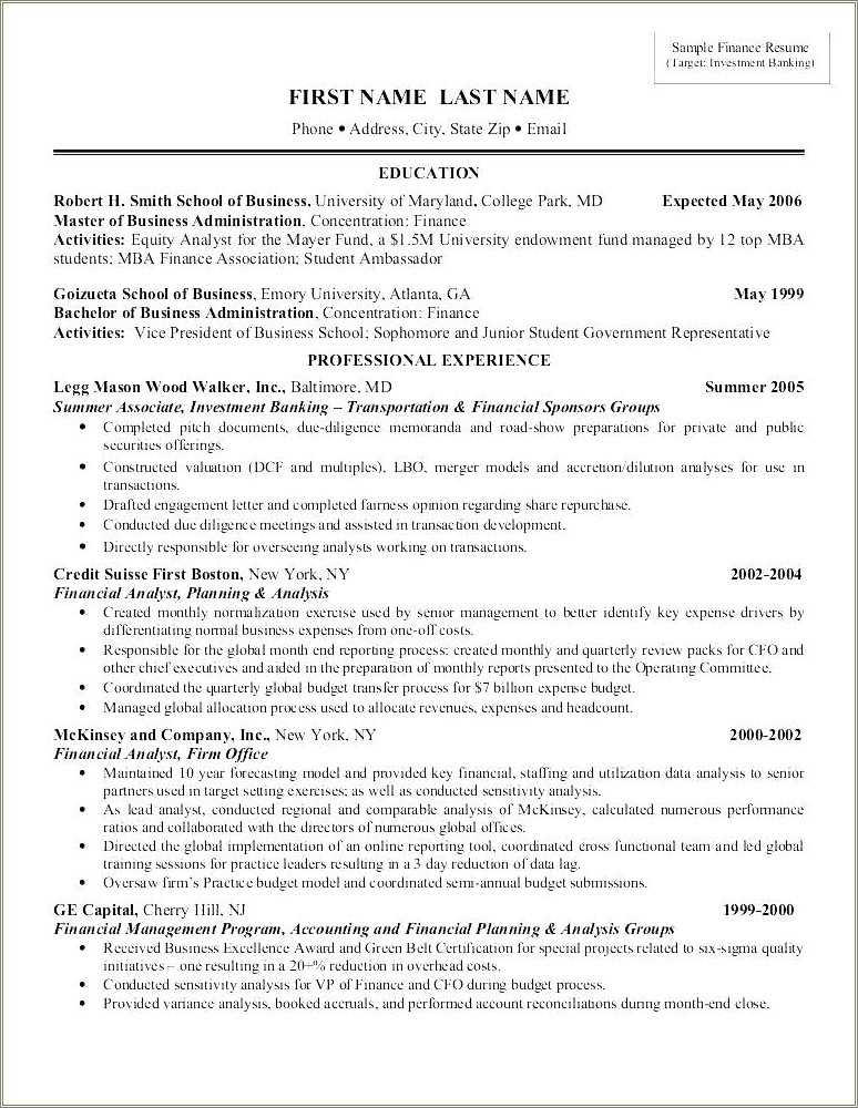 Mba In Finance Resume Template For Student Resume Example Gallery