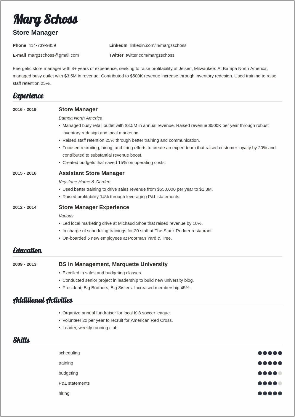 Resume Examples For Store Managers Resume Example Gallery