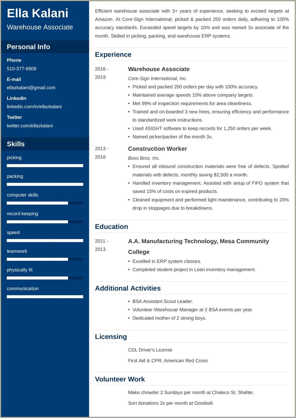 Resume For Warehouse Packing Job Resume Example Gallery