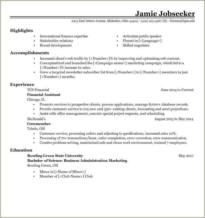 Resume Objectives For Business Majors Resume Example Gallery