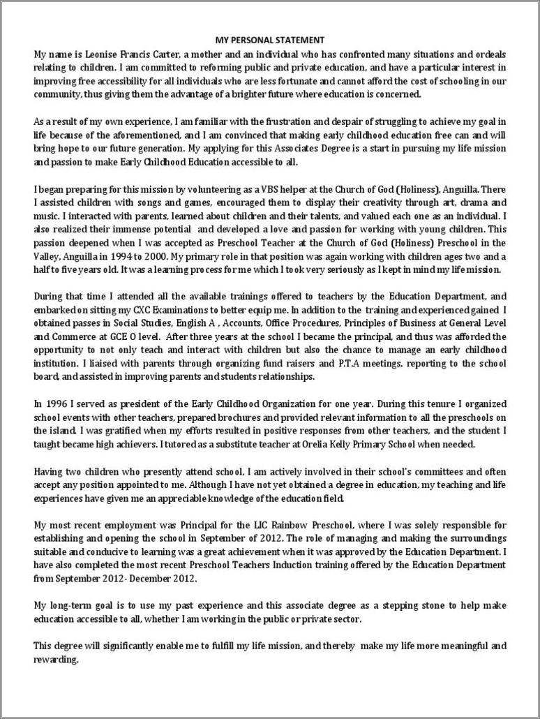 Resume Personal Statement Examples Teacher Resume Example Gallery