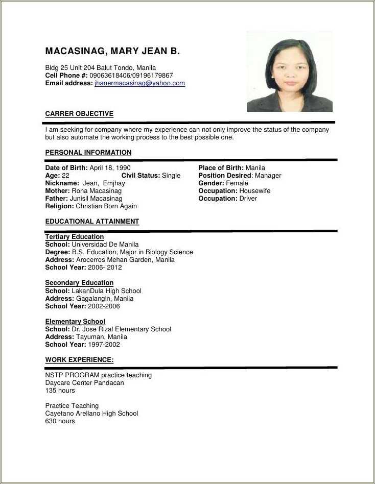 Resume Sample For Job Philippines Resume Example Gallery
