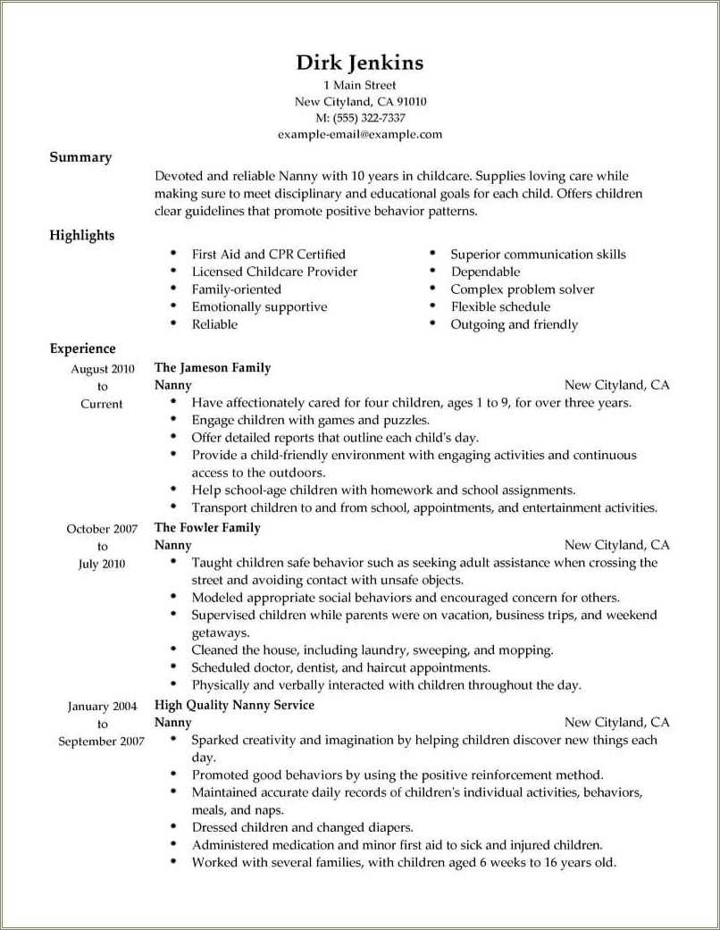 Resume Sample For Nanny Job Resume Example Gallery