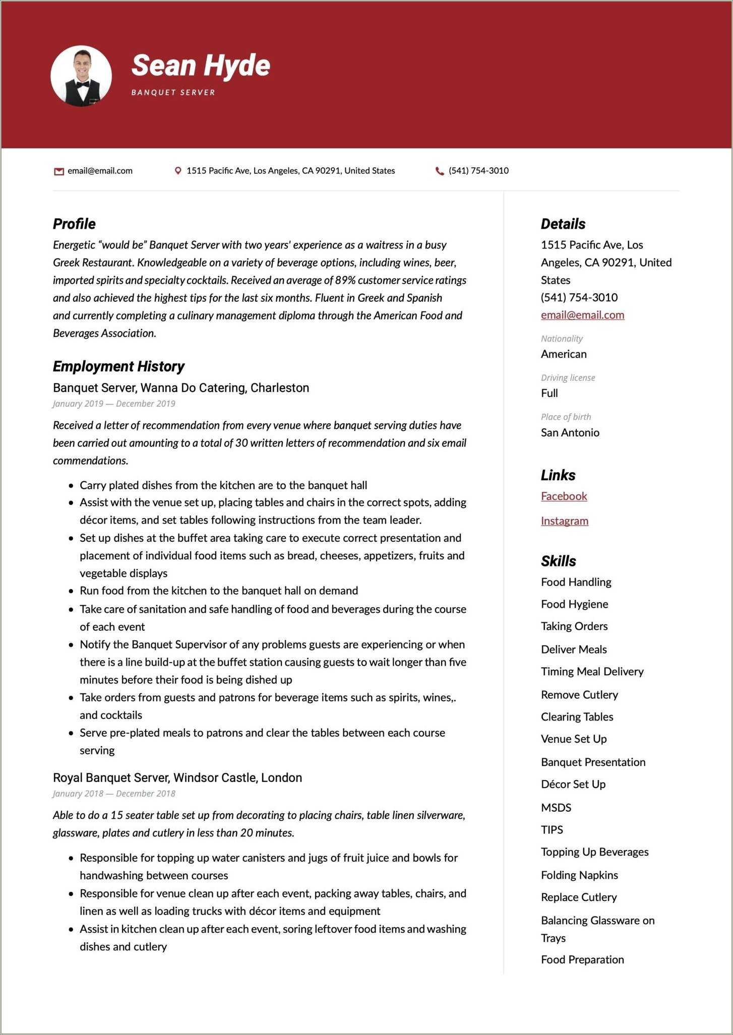 Resume Skills For Banquet Server Resume Example Gallery